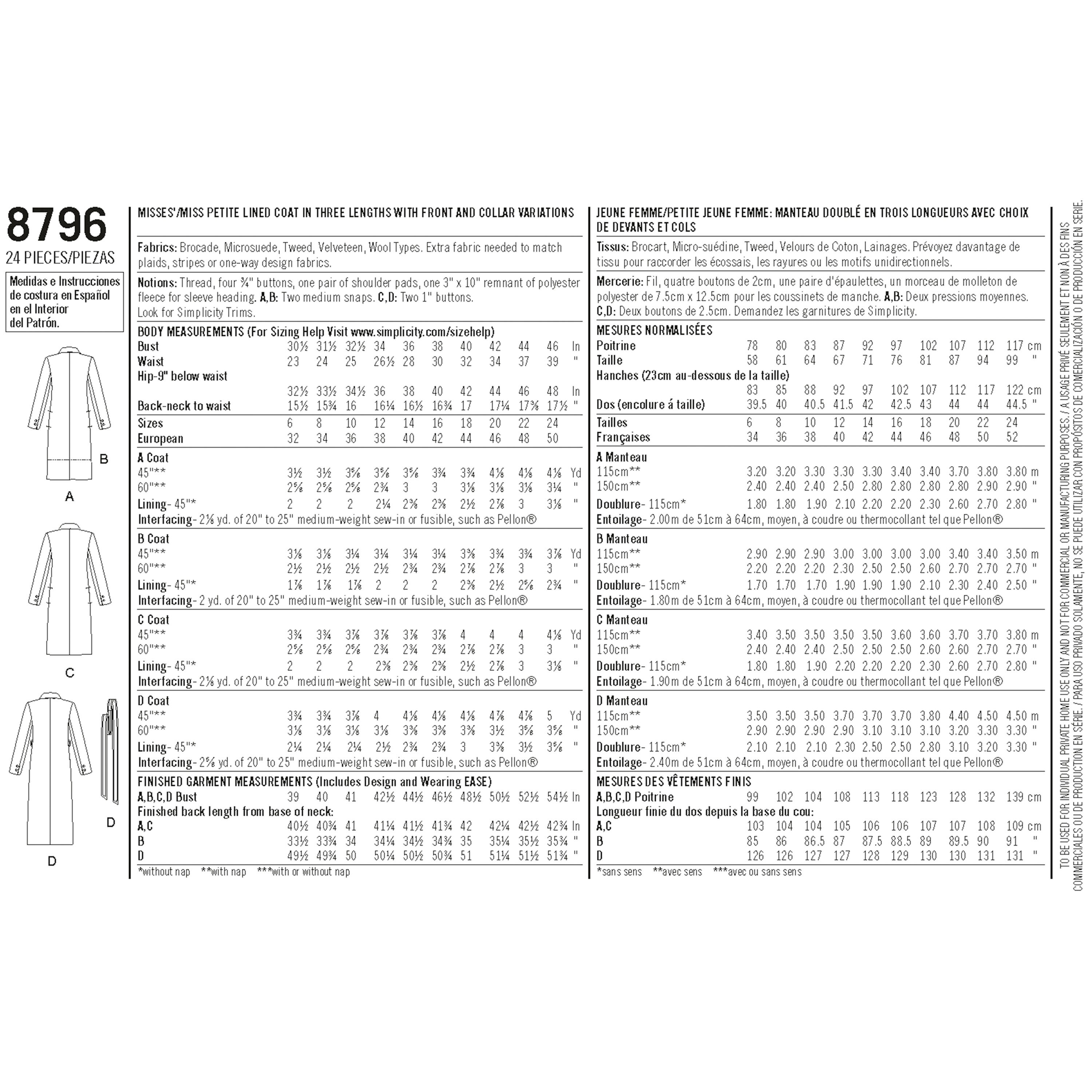 Simplicity Sewing Pattern 8796 Misses'/ Miss Petite Lined - Etsy
