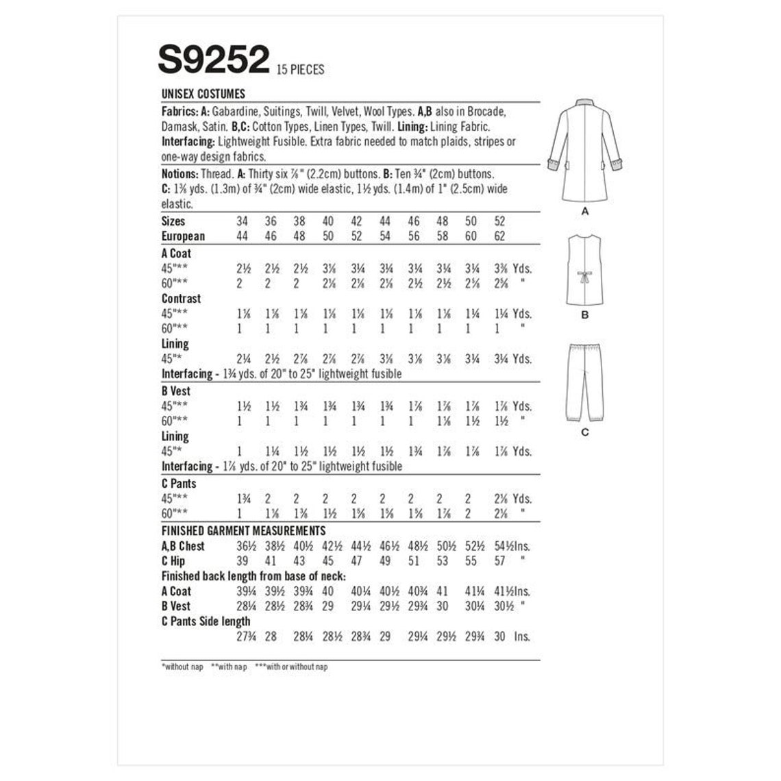 Simplicity Sewing Pattern S9252 Unisex Costumes - Etsy