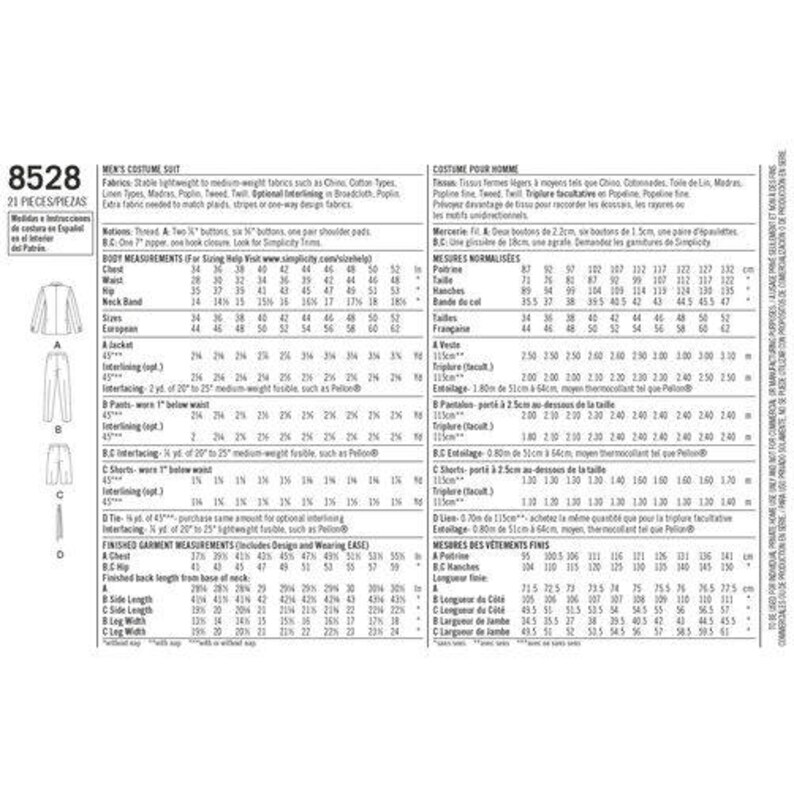 Simplicity Sewing Pattern 8528 Men's Costume Suit - Etsy