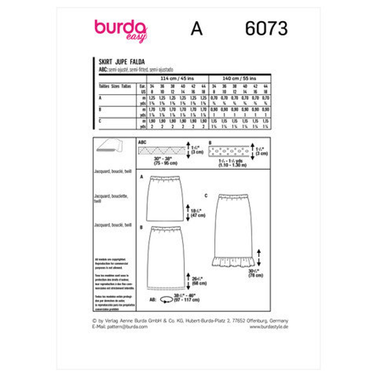 Burda Style Sewing Pattern 6073 Misses' Skirt in Three Lengths With ...
