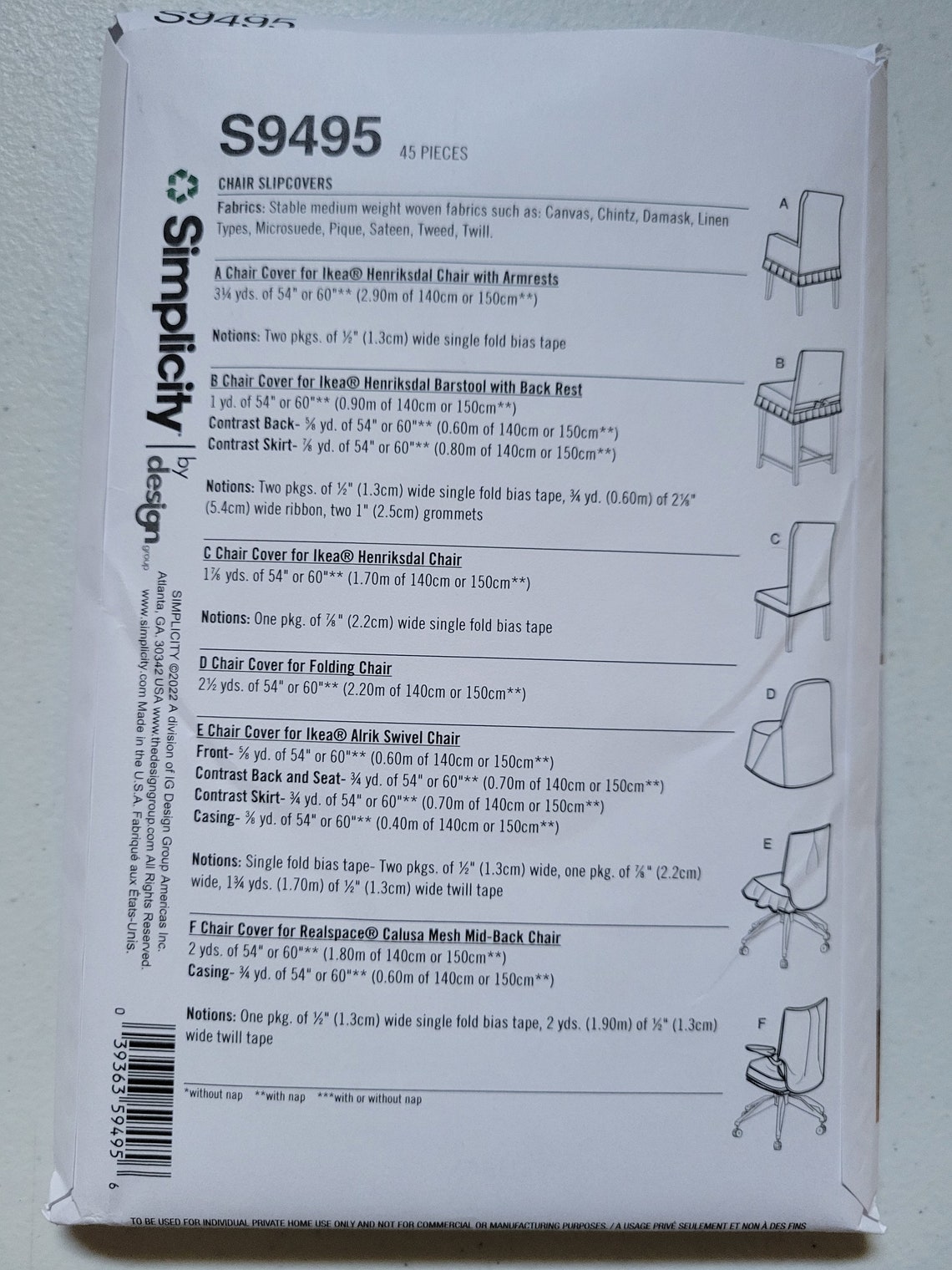 Simplicity Sewing Pattern S9495 Chair Slipcovers - Etsy