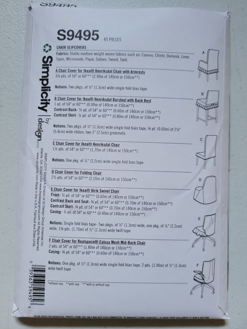 Simplicity Sewing Pattern S9495 Chair Slipcovers - Etsy