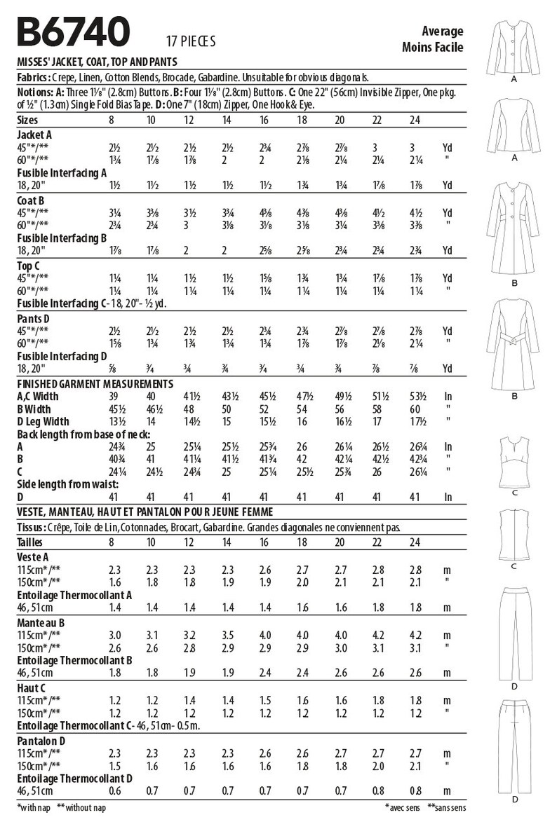 Butterick Sewing Pattern B6740 Misses' Jacket, Coat, Top & Pants - Etsy