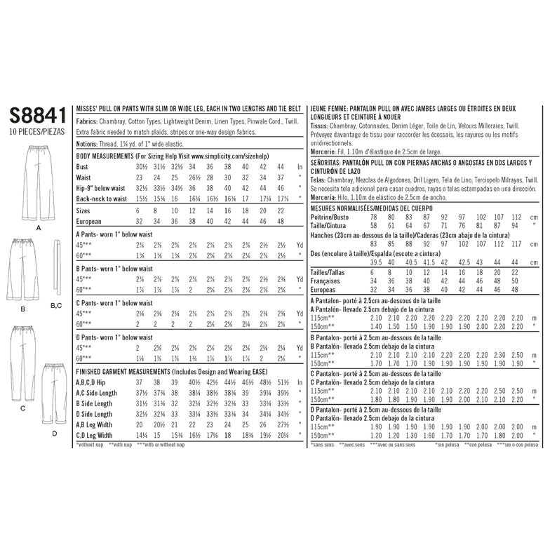 Simplicity Sewing Pattern S8841 Misses' Wide or Slim-leg | Etsy