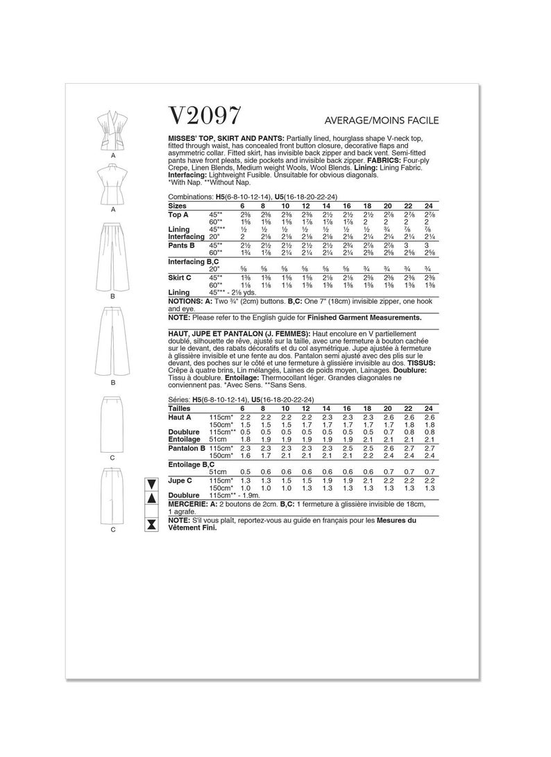 Vogue Sewing Pattern V2097 Misses' Top, Skirt and Pants - Etsy