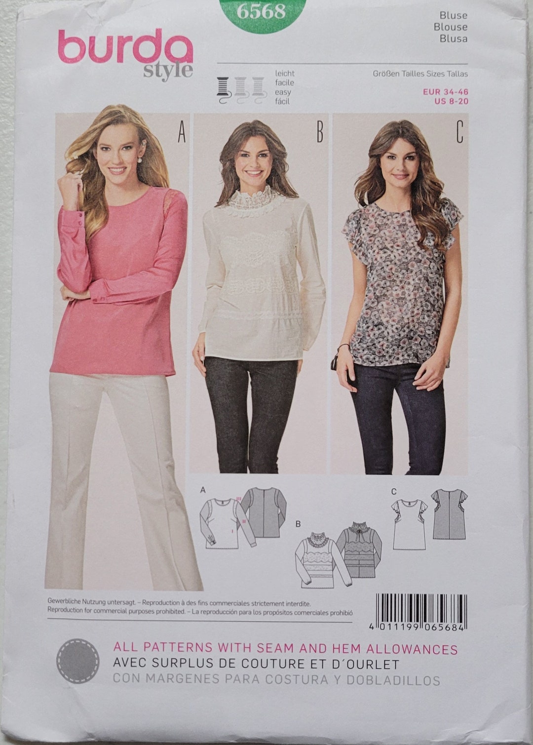 OUT of PRINT Burda Style Sewing Pattern 6568 Misses Blouse - Etsy