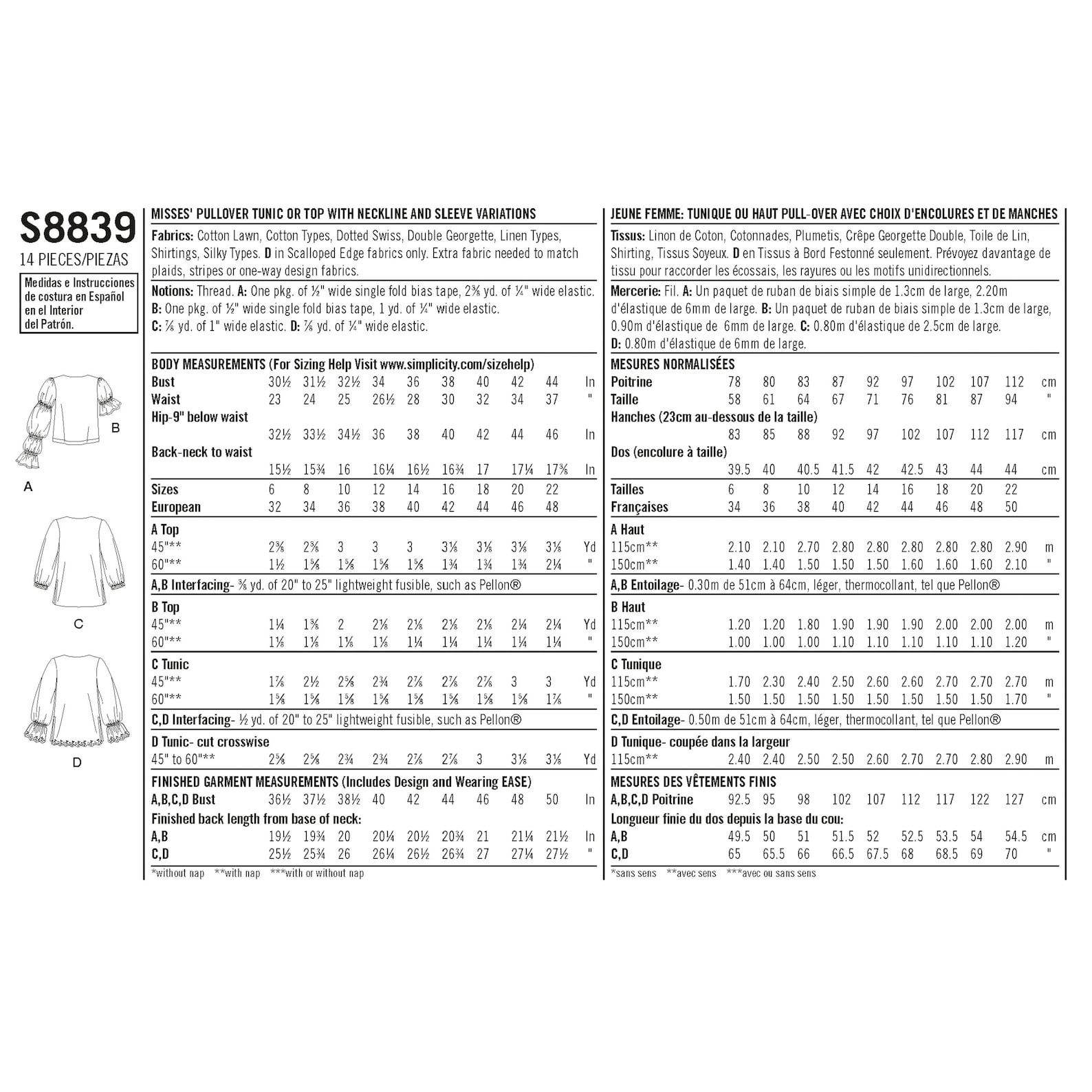 Simplicity Sewing Pattern S8839 Misses' Pullover Tunics - Etsy