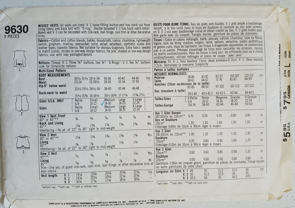 VINTAGE Simplicity Sewing Pattern 9630 Misses' Vests - Etsy