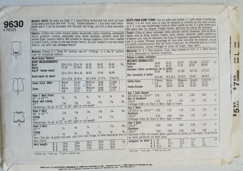 VINTAGE Simplicity Sewing Pattern 9630 Misses' Vests - Etsy