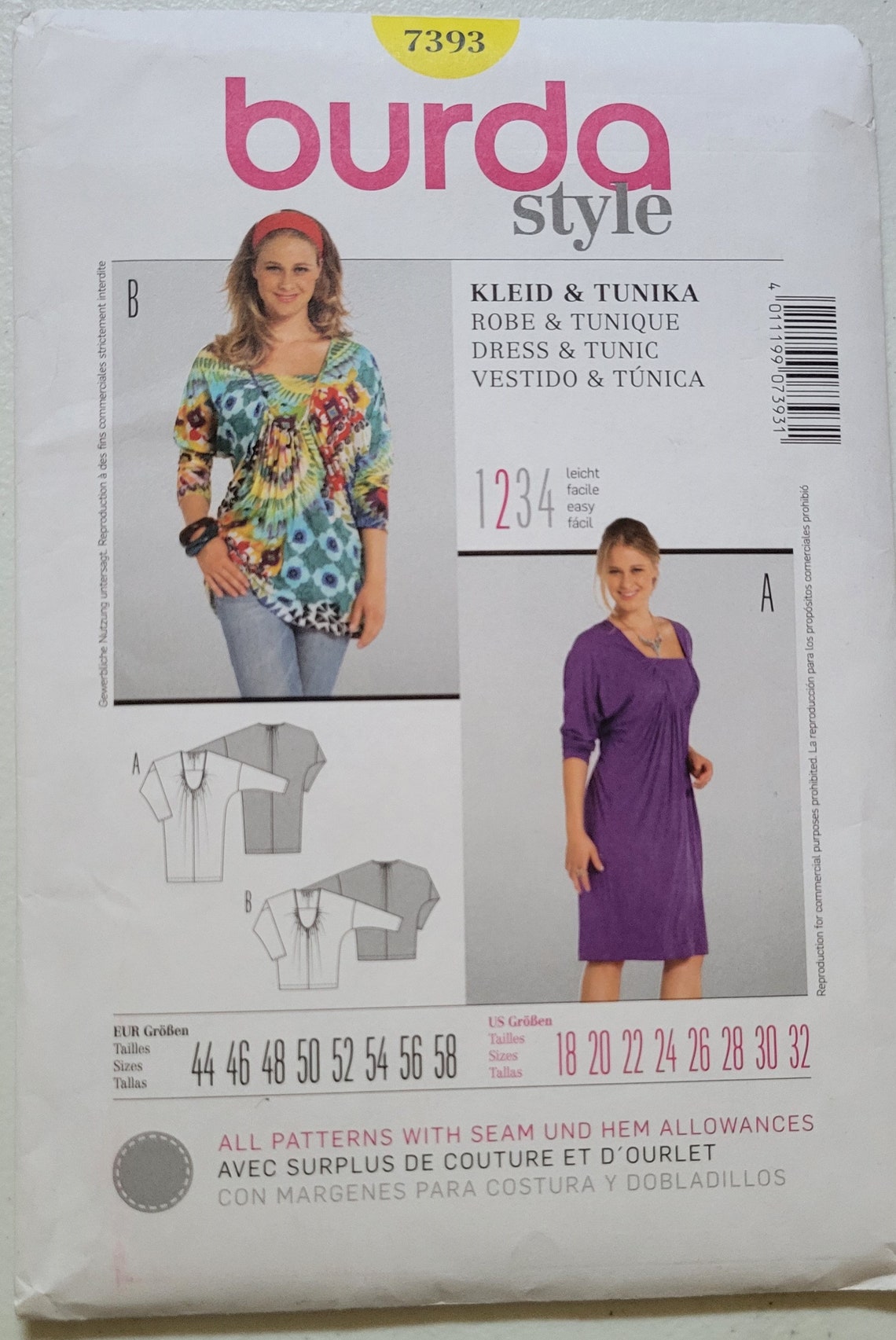 OUT of PRINT Burda Style Sewing Pattern 7393 Misses Dress and Tunic - Etsy