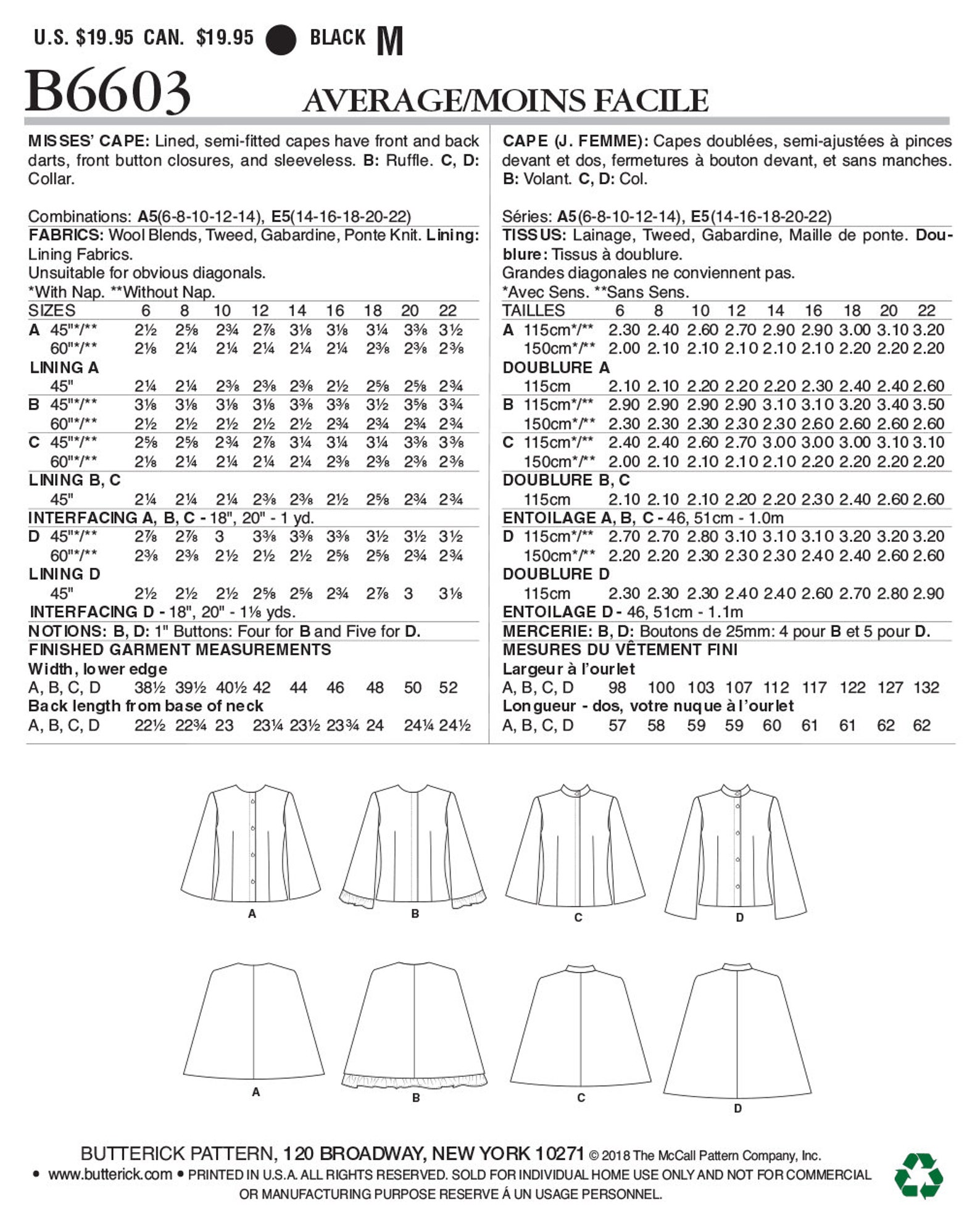 Butterick Sewing Pattern B6603 Misses' Cape - Etsy