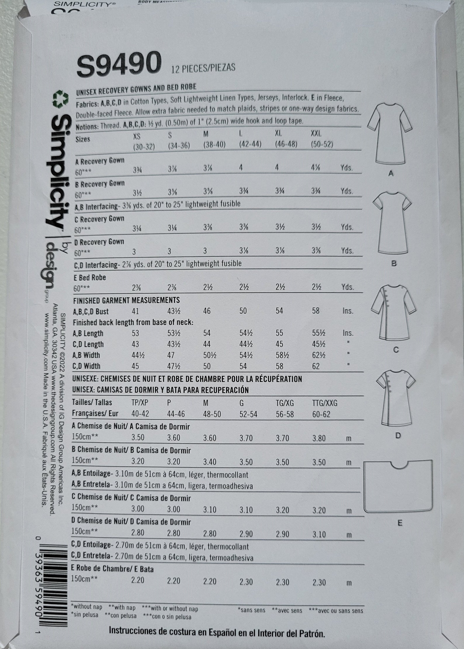 Simplicity Sewing Pattern S9490 Unisex Recovery Gowns and Bed Robe - Etsy