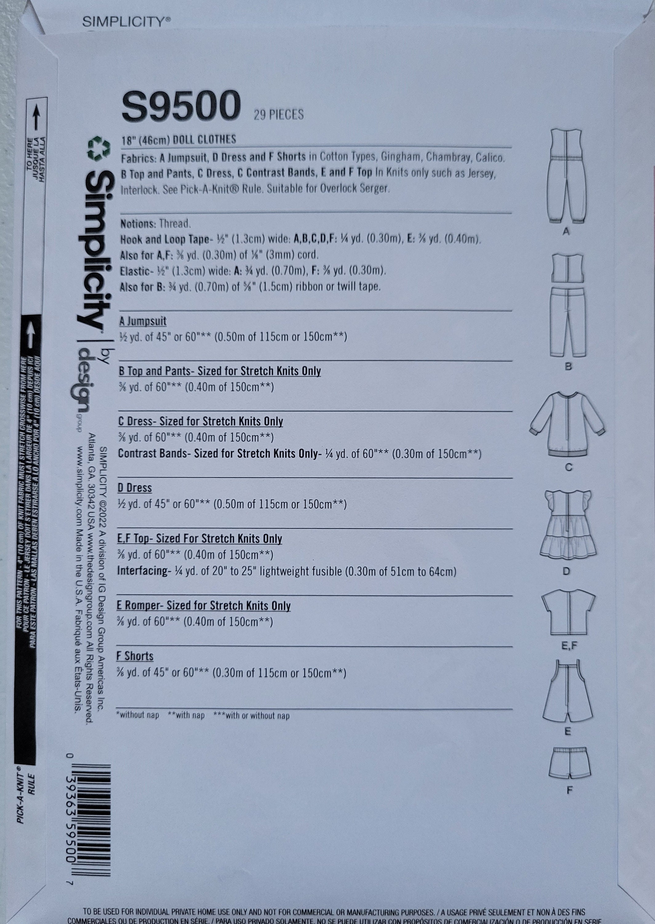 Simplicity Sewing Pattern S9500 18 Doll Clothes - Etsy