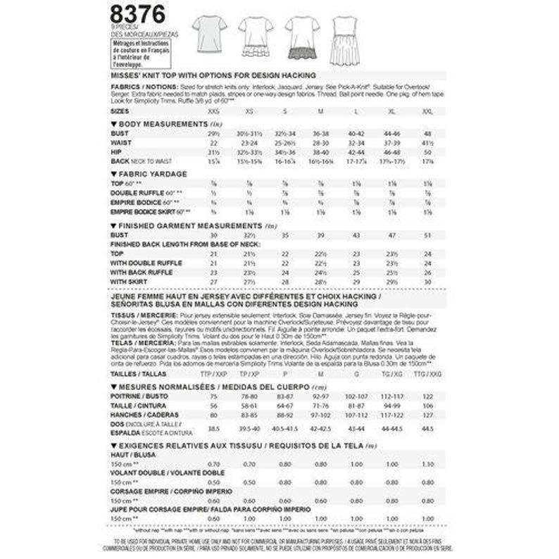 Simplicity Sewing Pattern 8376 Misses' Knit Top With Multiple Pieces ...