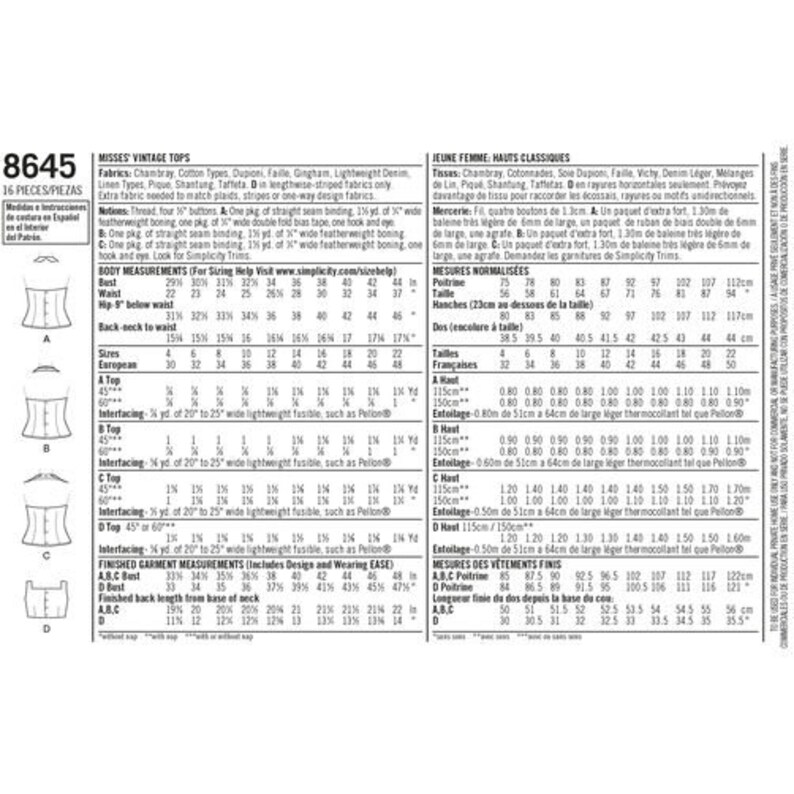 Simplicity Sewing Pattern 8645 Misses' Vintage Tops | Etsy