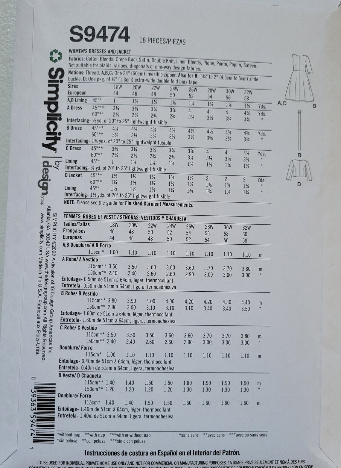 Simplicity Sewing Pattern S9474 Women's Dresses and Jacket - Etsy