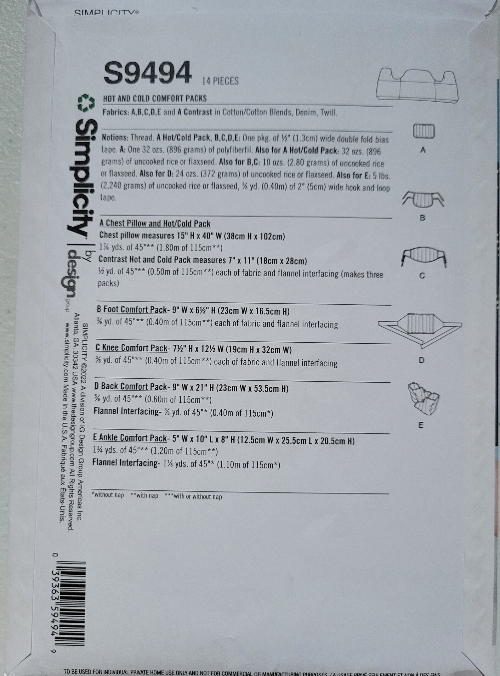 Simplicity Sewing Pattern S9494 Hot and Cold Comfort Packs - Etsy