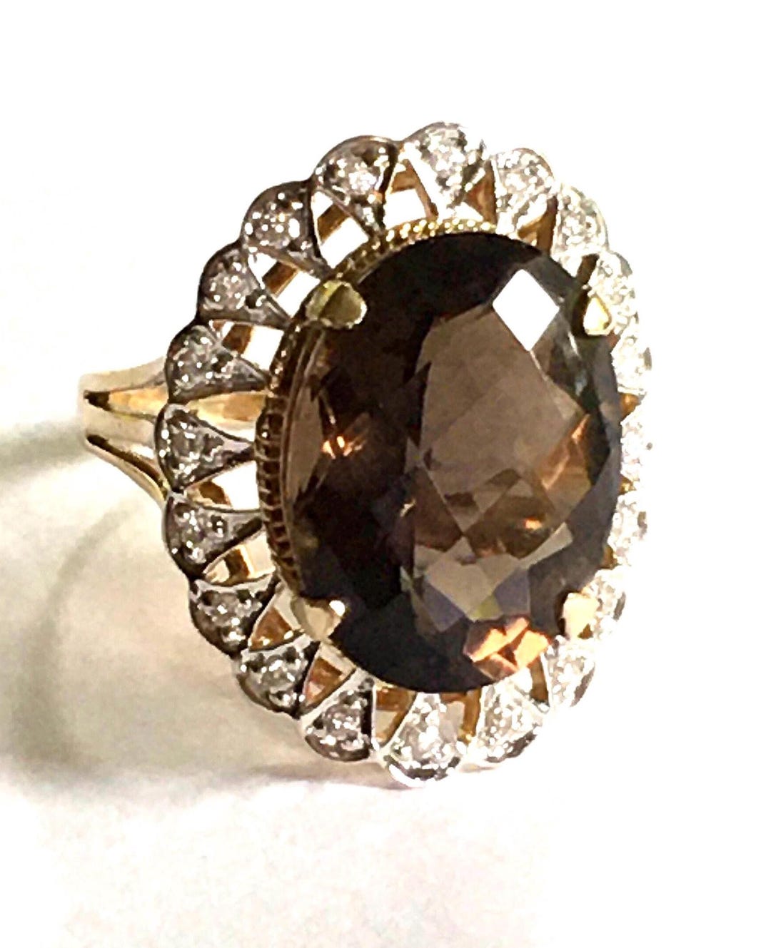 EFFY 14k Diamonds Halo Smoky Quartz Diamonds Halo Ring 14k Yellow Gold ...