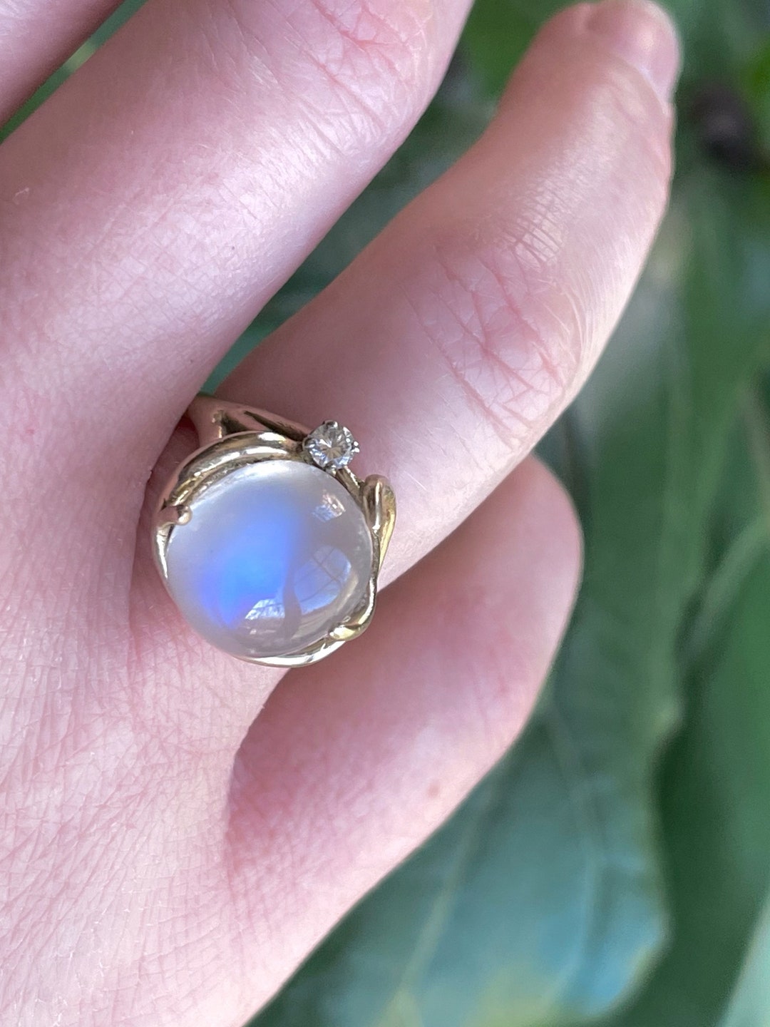 Large 14k Blue Sheen Moonstone Diamond Ring Chatoyant Cats Eye ...