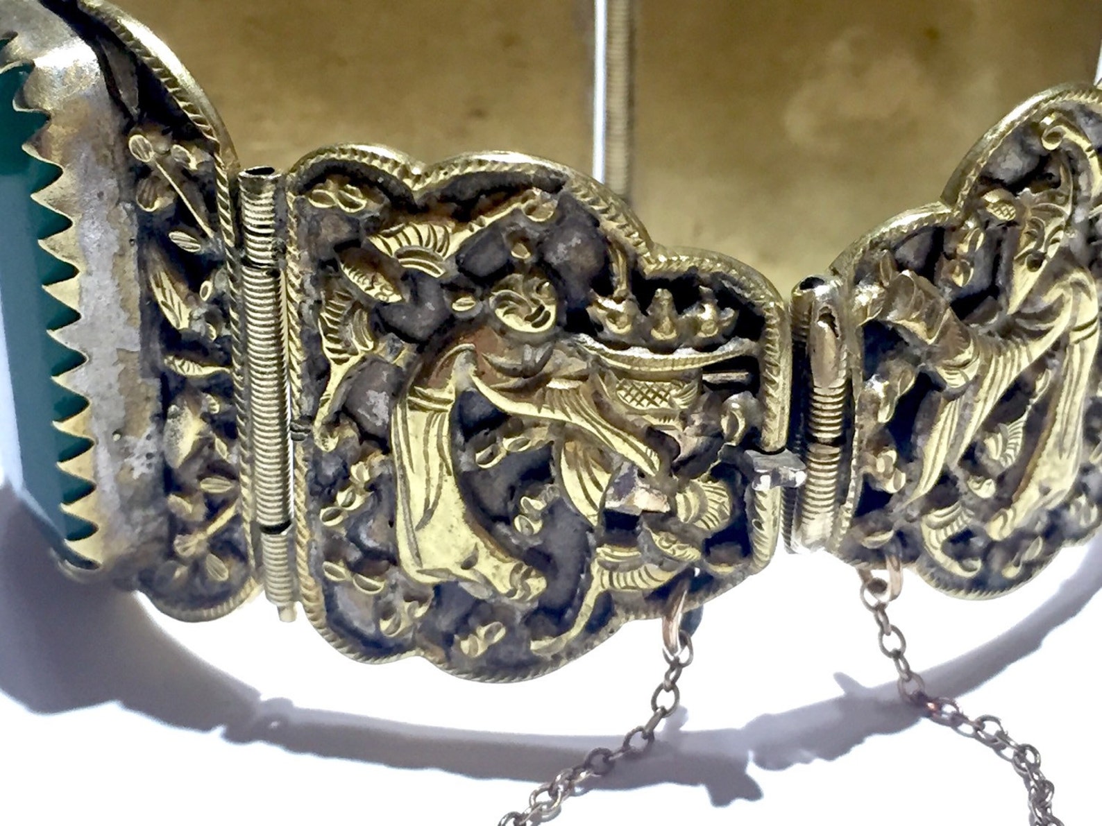 BIG Chinese Antique Vintage Bracelet With Green Stone or Paste China ...