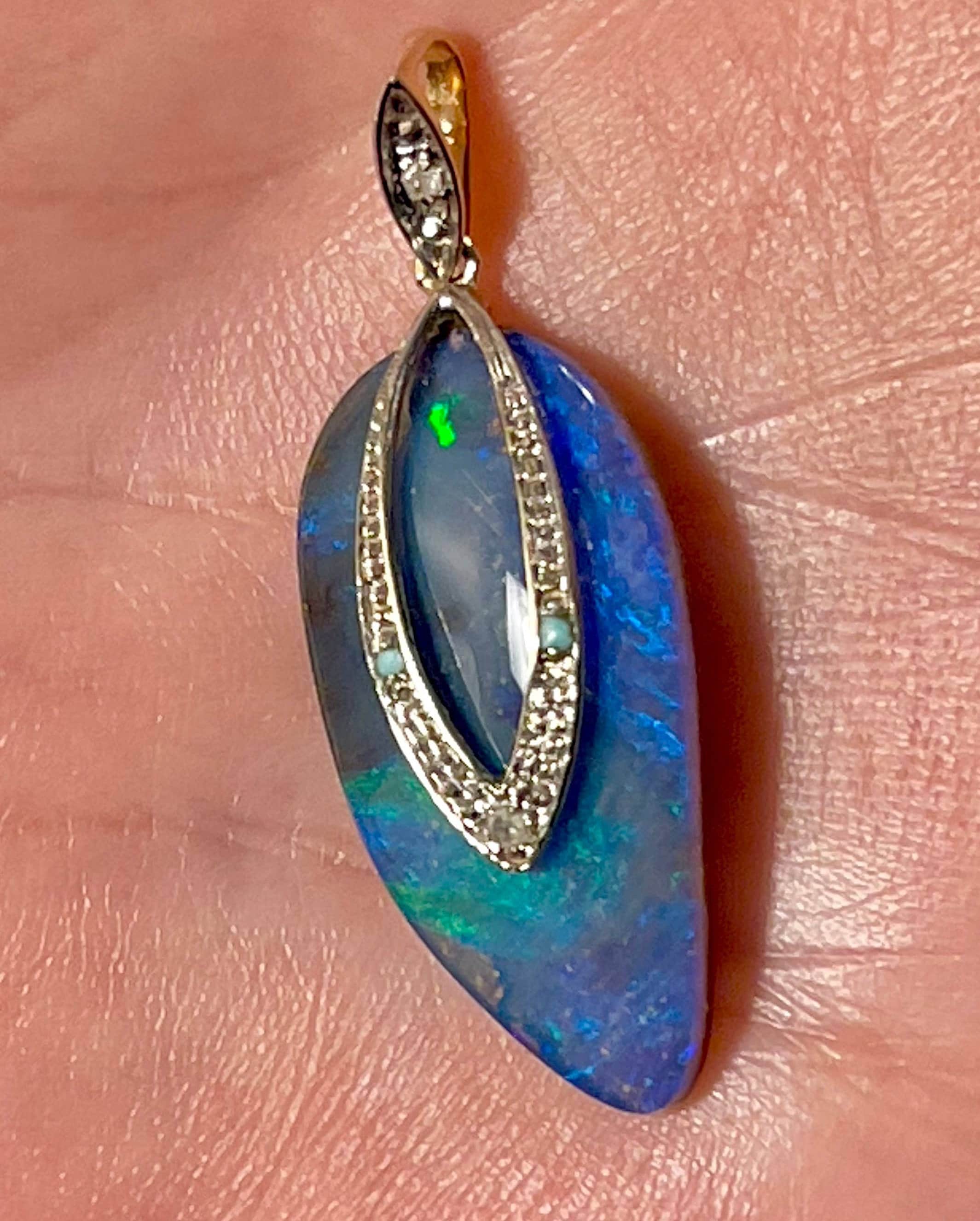 14k Solid Australian Blue Opal Diamonds Turquoise Pendant - Etsy