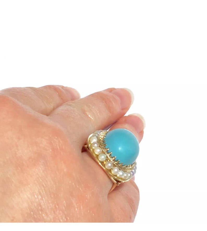 BIG Blue Turquoise Baby Pearls / Pearl Seeds Halo 14k Ring - Etsy
