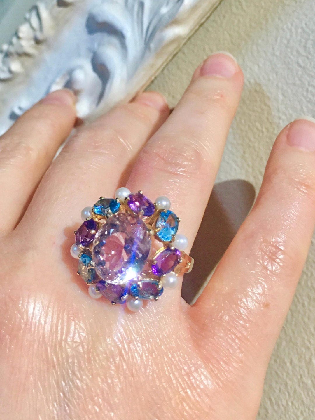 14k Morganite Ring Pink Emerald Ring 14k Gold Pearls Topazes Cluster ...