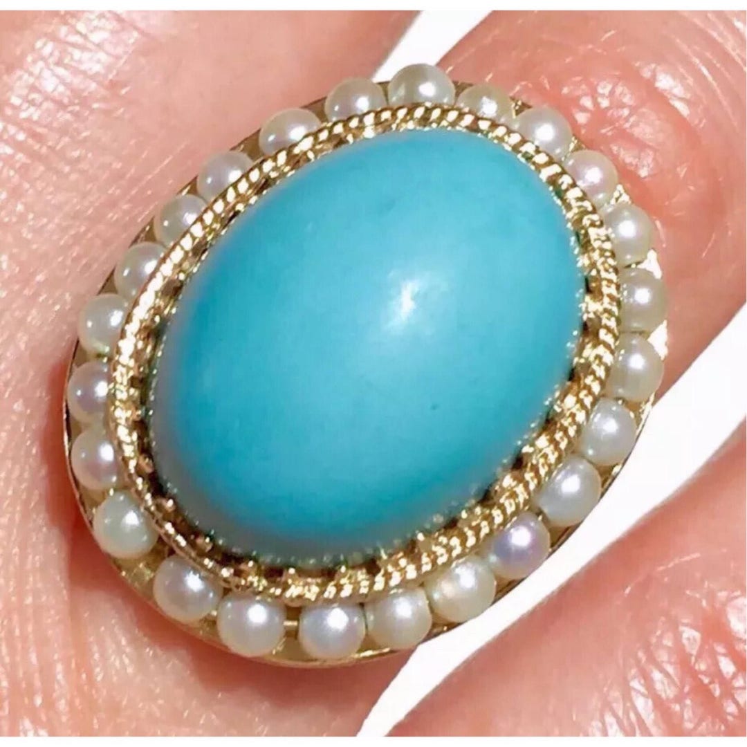 BIG Blue Turquoise Baby Pearls / Pearl Seeds Halo 14k Ring - Etsy
