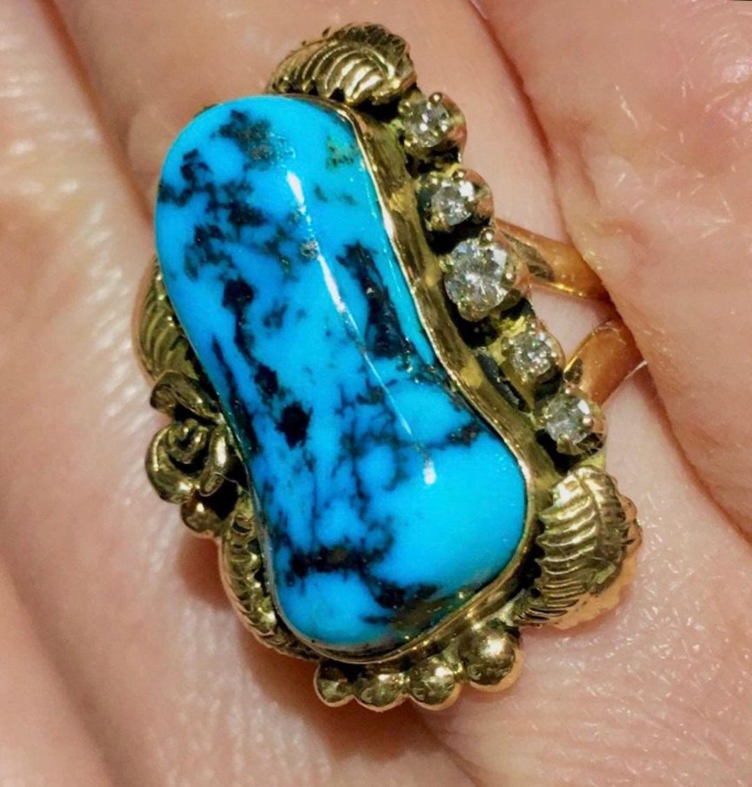 BIG 14k Navajo Gem Grade Spiderweb Turquoise With Diamonds Native ...