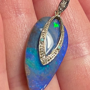 14k Solid Australian Blue Opal Diamonds Turquoise Pendant - Etsy