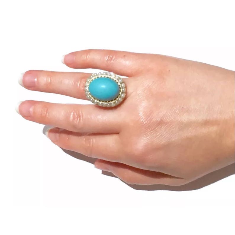 BIG Blue Turquoise Baby Pearls / Pearl Seeds Halo 14k Ring - Etsy