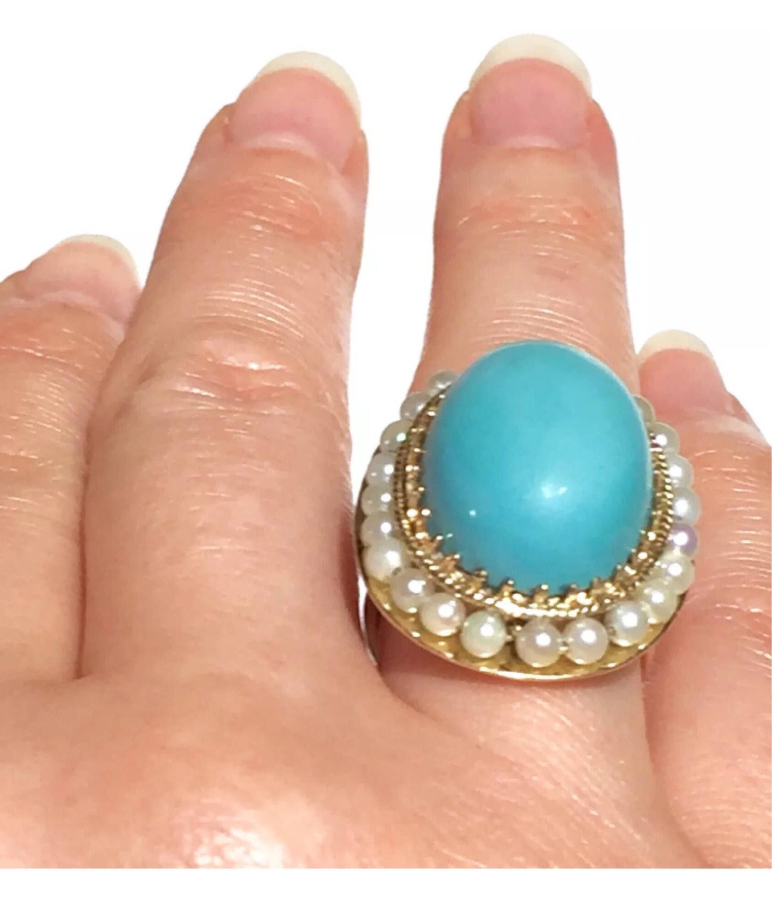 BIG Blue Turquoise Baby Pearls / Pearl Seeds Halo 14k Ring - Etsy
