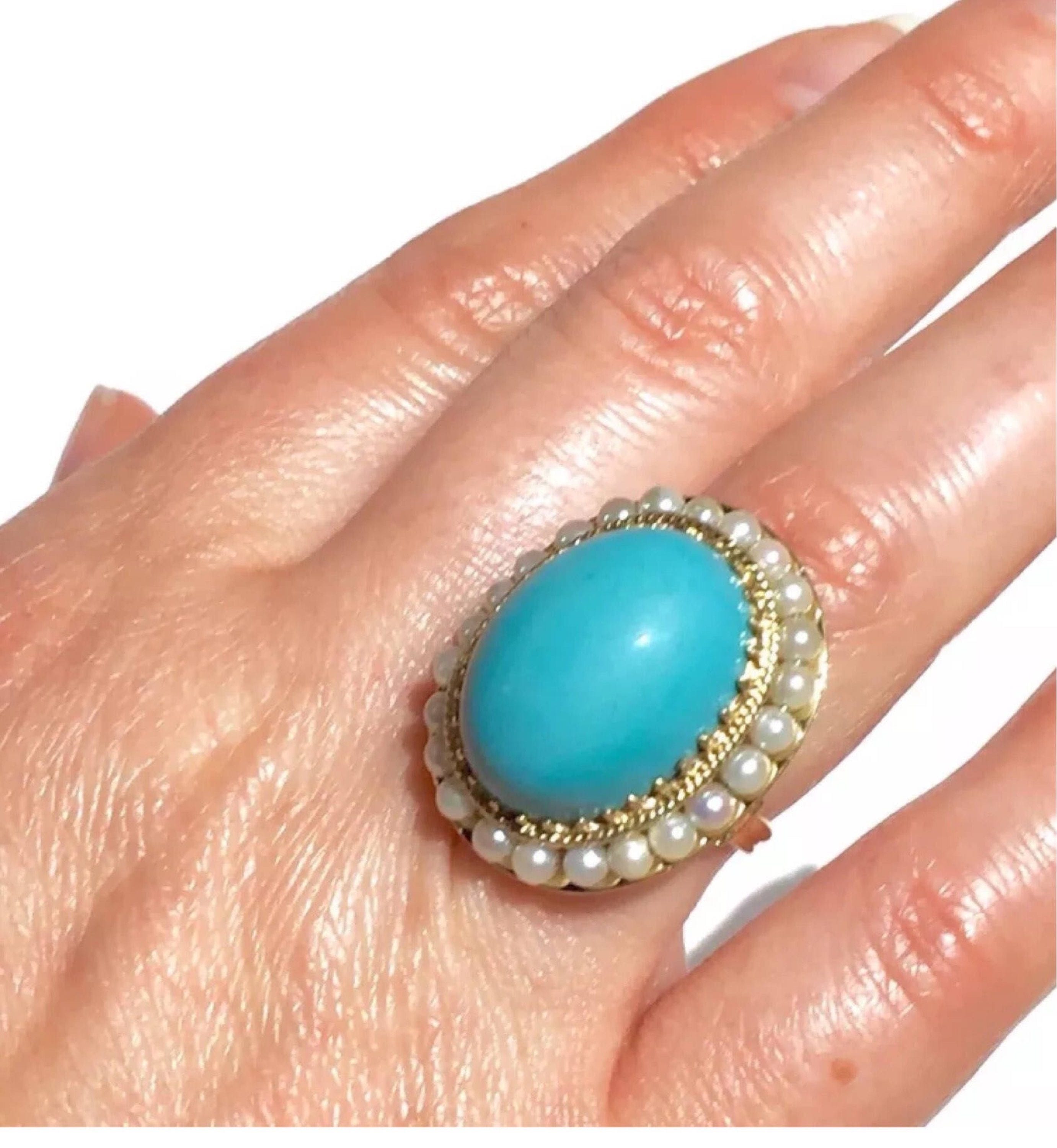 BIG Blue Turquoise Baby Pearls / Pearl Seeds Halo 14k Ring - Etsy