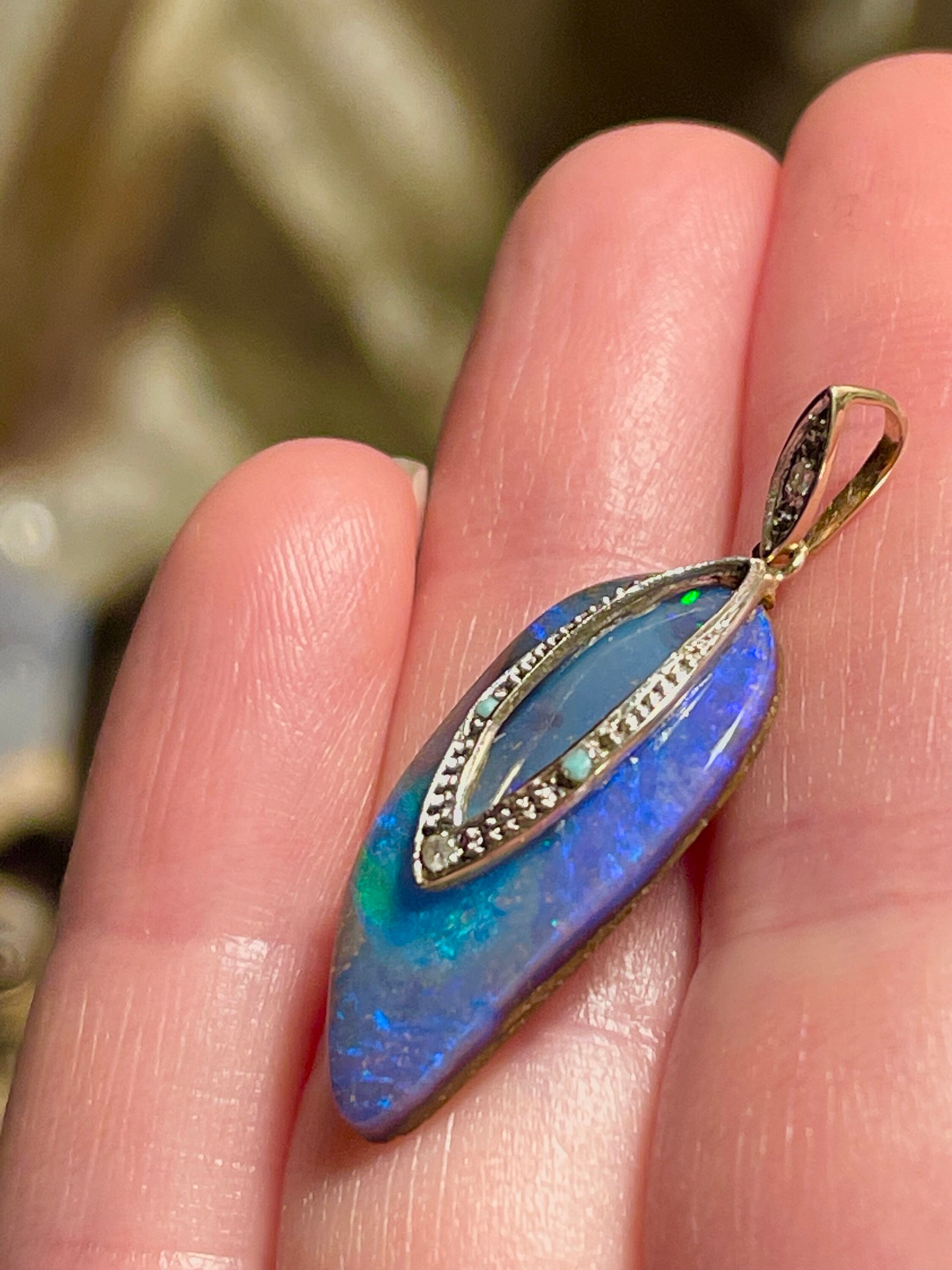 14k Solid Australian Blue Opal Diamonds Turquoise Pendant - Etsy
