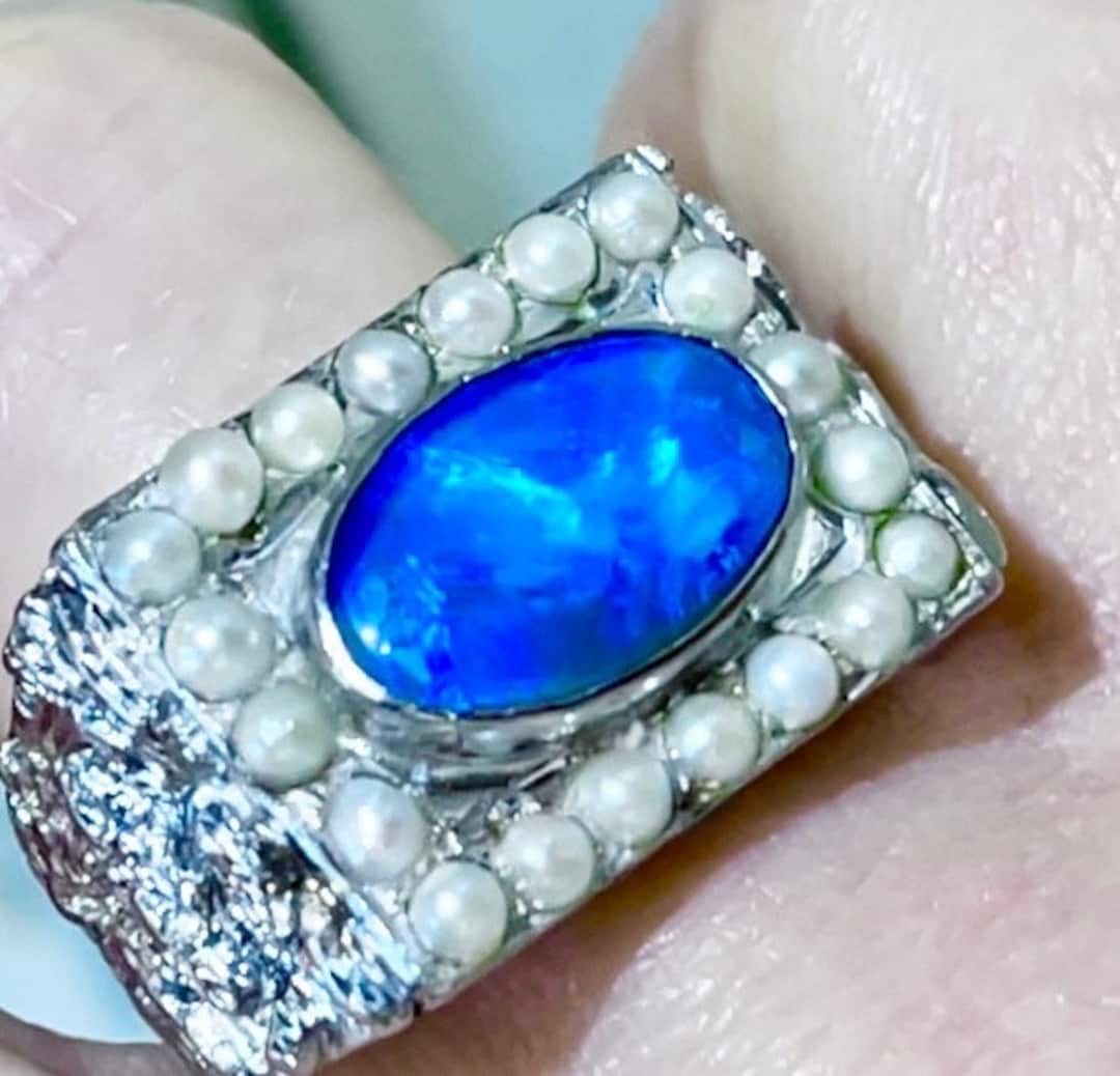 BIG 18k Black Lightning Ridge Australian Opal Ring Modernist Ring Pearl ...