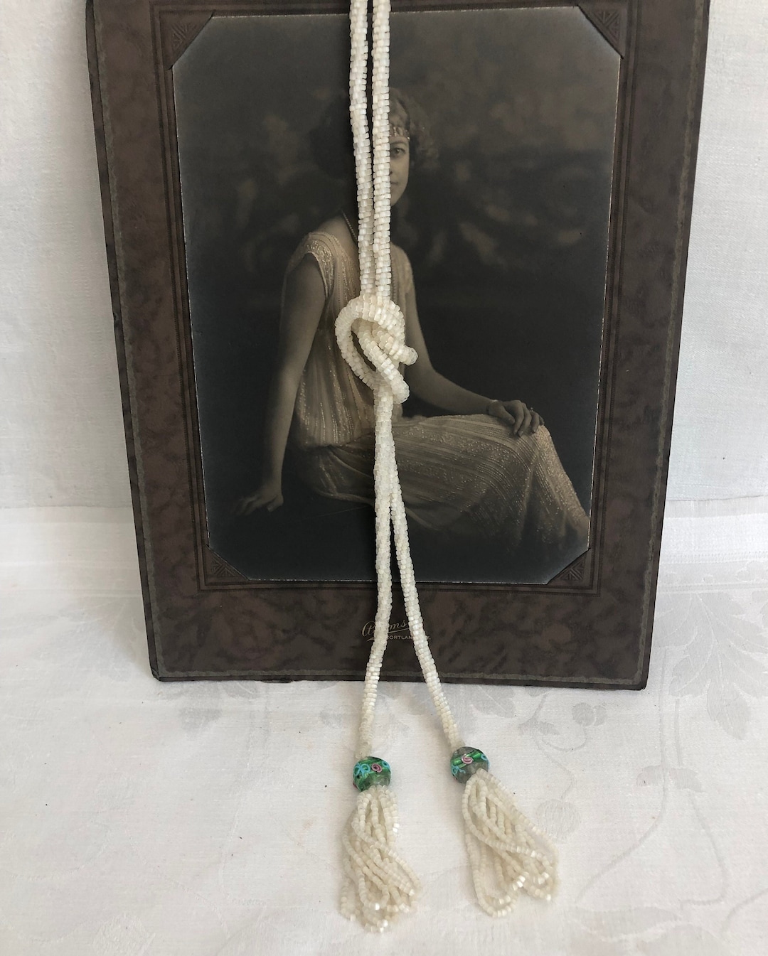 1920's Glass Bead Flapper Rope Necklace With Tasselsmother of Pearl ...