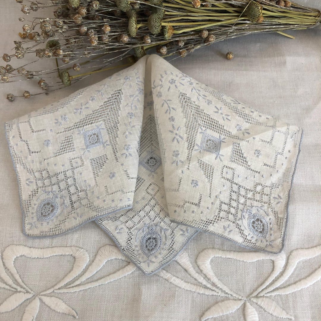 Vintage Blue and White Wedding Hanky~hand Embroidered Drawn Thread ...