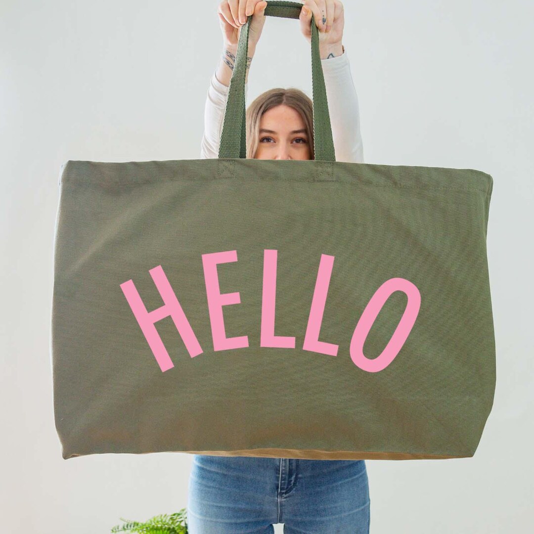 Oversized Olive Canvas Tote Bag: Hello Slogan Weekender Bag - Etsy