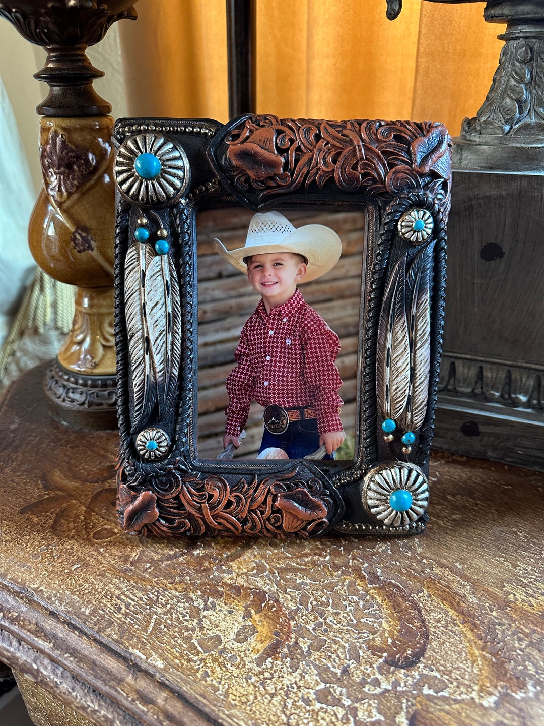 Fancy Western Picture Frame Tooled Leather Design With Faux Turquoise ...