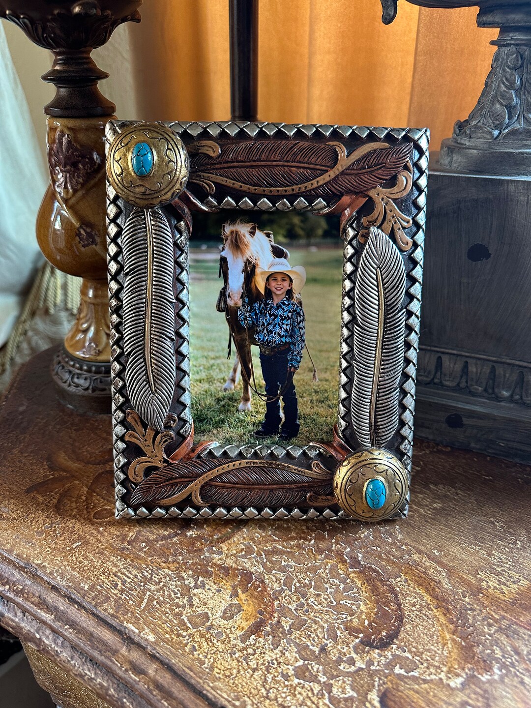 Fancy Western Feather Floral Teal Gem Cowboy Picture Frame Country ...