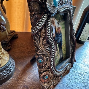 Fancy Western Picture Frame Tooled Leather Design With Faux Turquoise ...