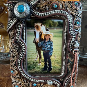 Fancy Western Picture Frame Tooled Leather Design With Faux Turquoise ...