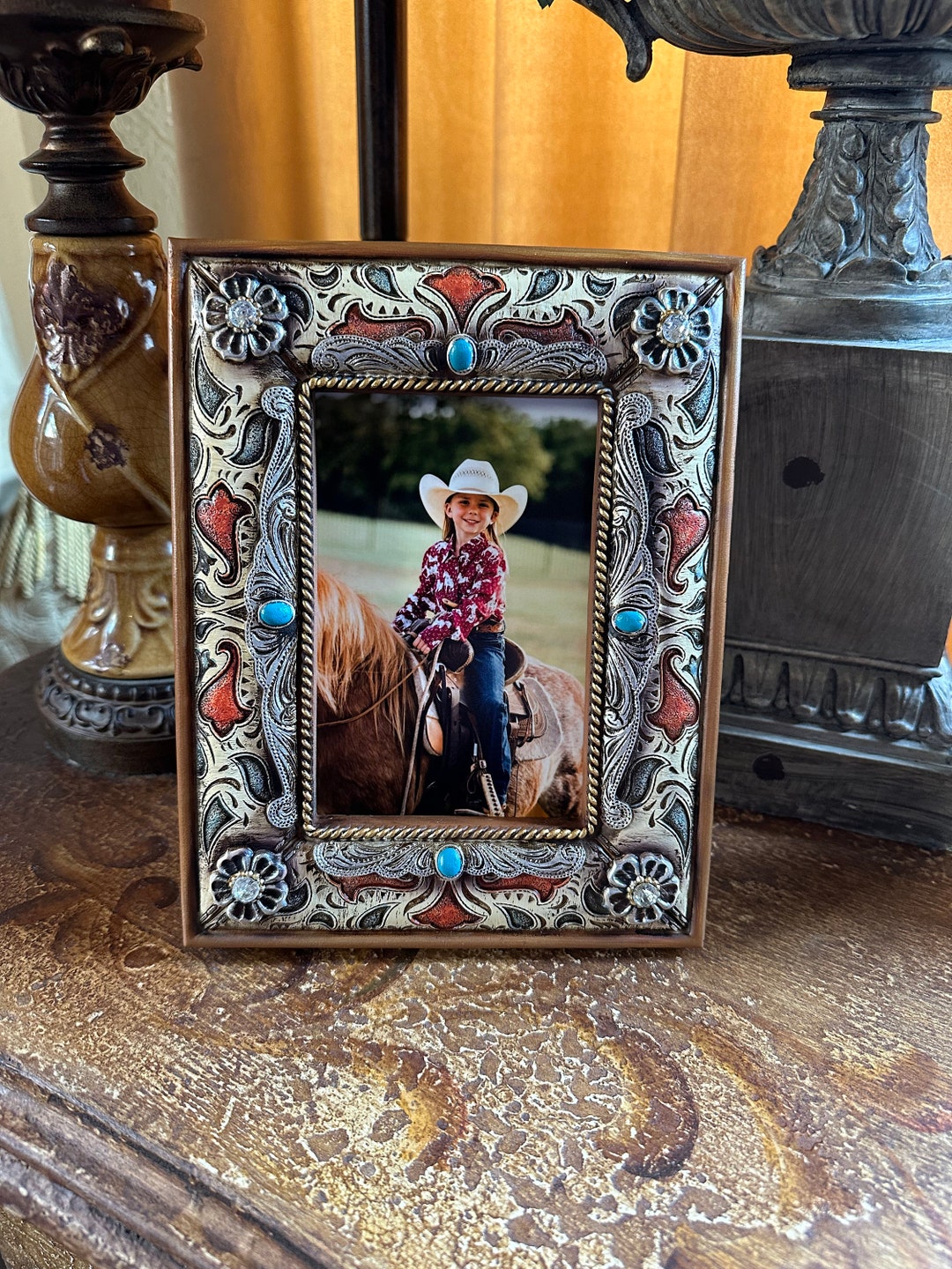 Fancy Western Picture Frame Tooled Leather Design With Faux Turquoise ...