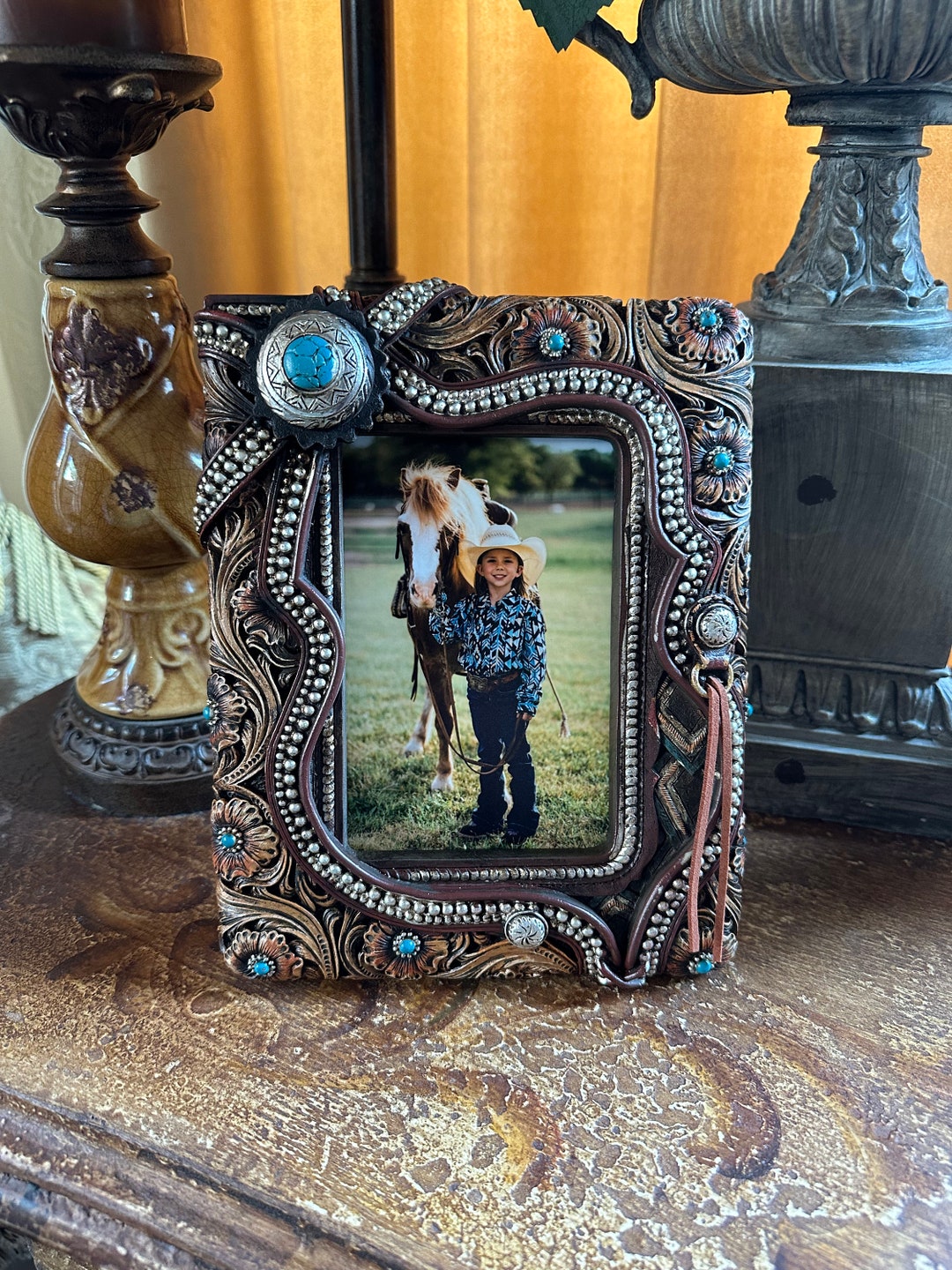 Fancy Western Picture Frame Tooled Leather Design With Faux Turquoise ...