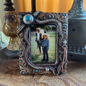 Fancy Western Picture Frame Tooled Leather Design With Faux Turquoise ...