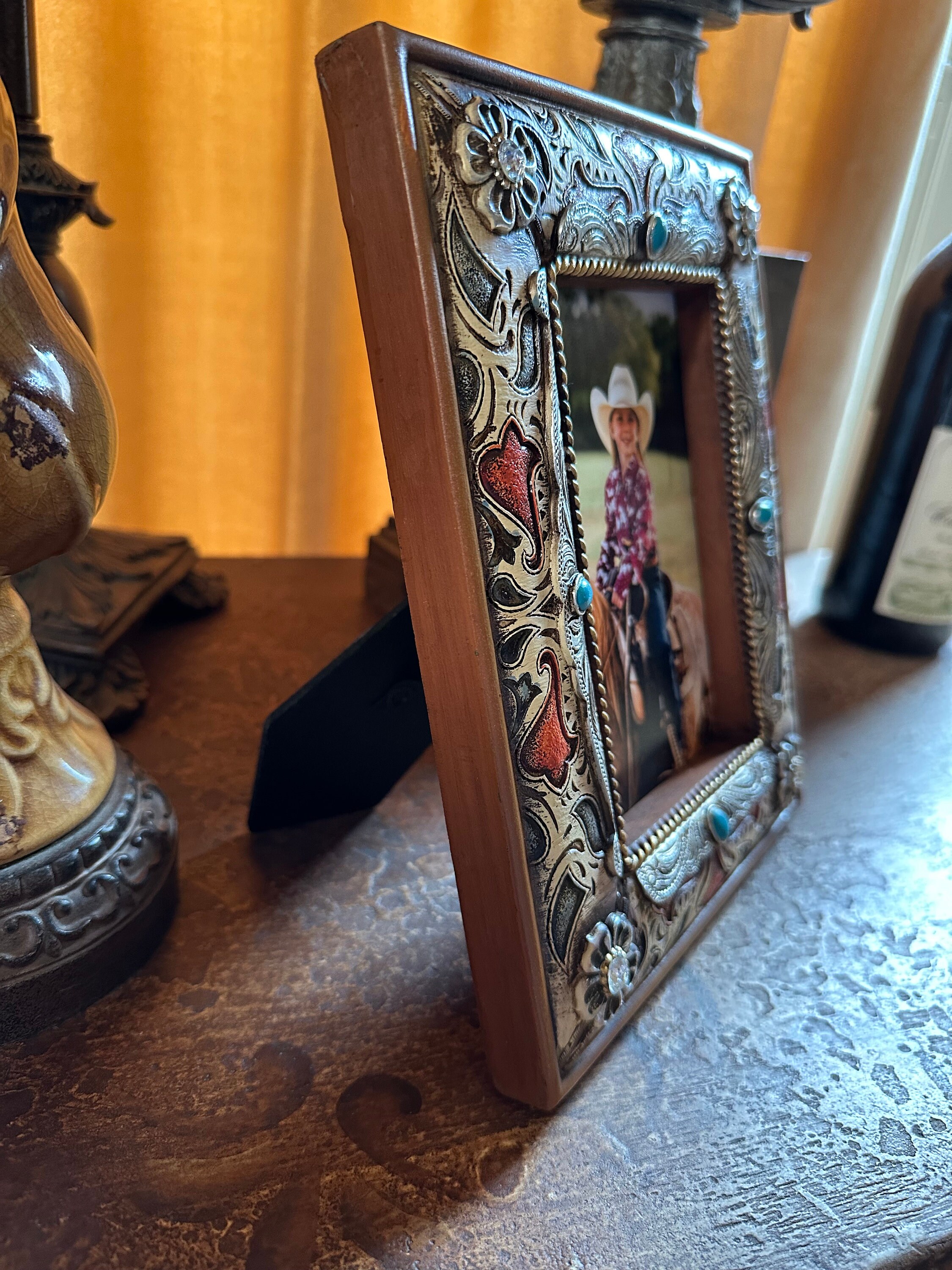Fancy Western Picture Frame Tooled Leather Design With Faux Turquoise ...
