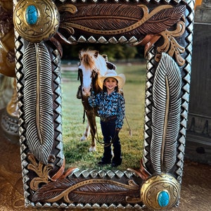 Fancy Western Feather Floral Teal Gem Cowboy Picture Frame Country ...