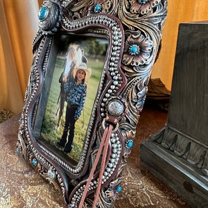 Fancy Western Picture Frame Tooled Leather Design With Faux Turquoise ...
