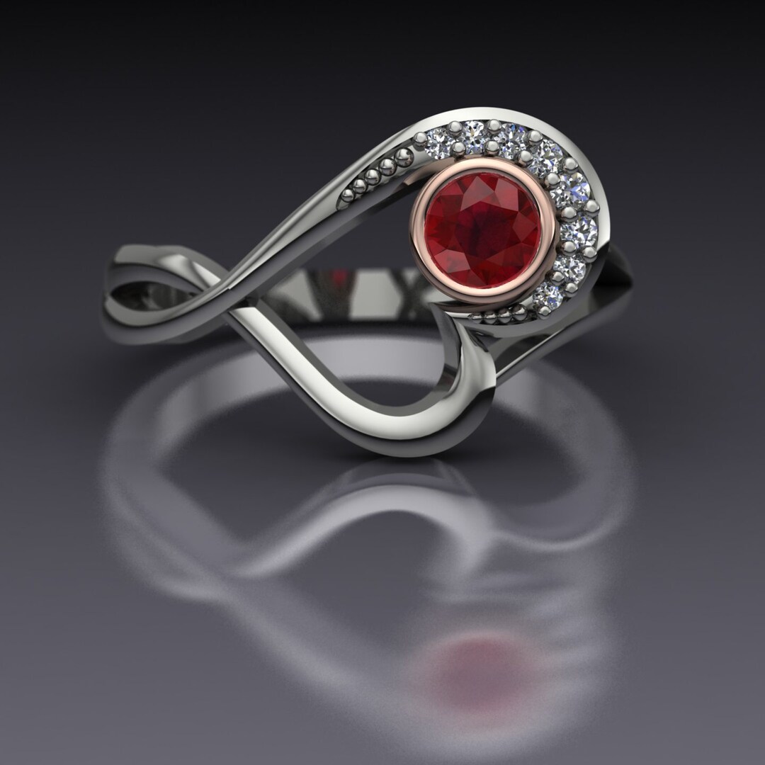 Bezel Set Ruby and Diamond Asymmetrical Sideways Heart Swirl Ring in 14k Two Tone Rose and White ...