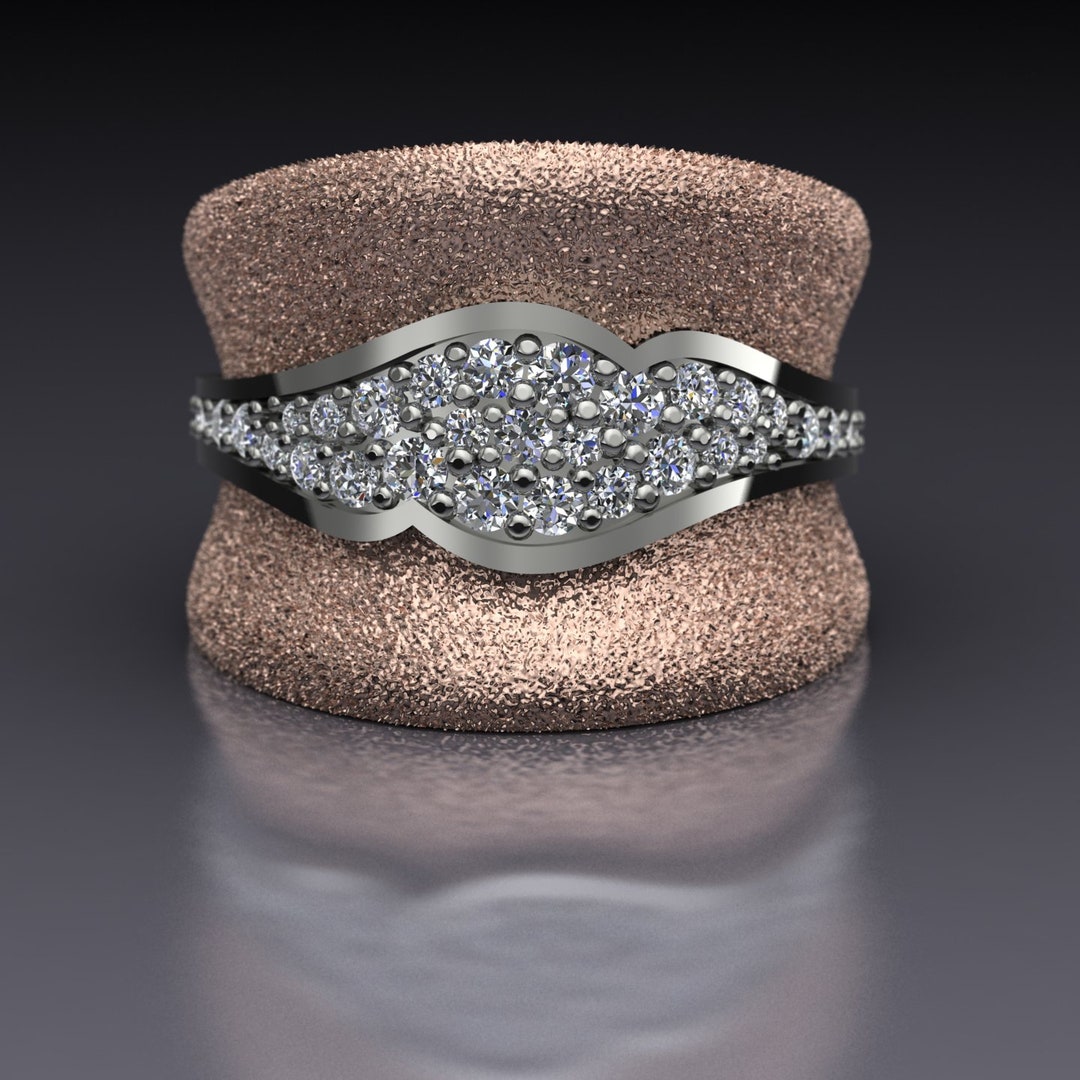 Wide Diamond Pavé Band With Sandblasted Texture in 14k Two Tone Rose ...